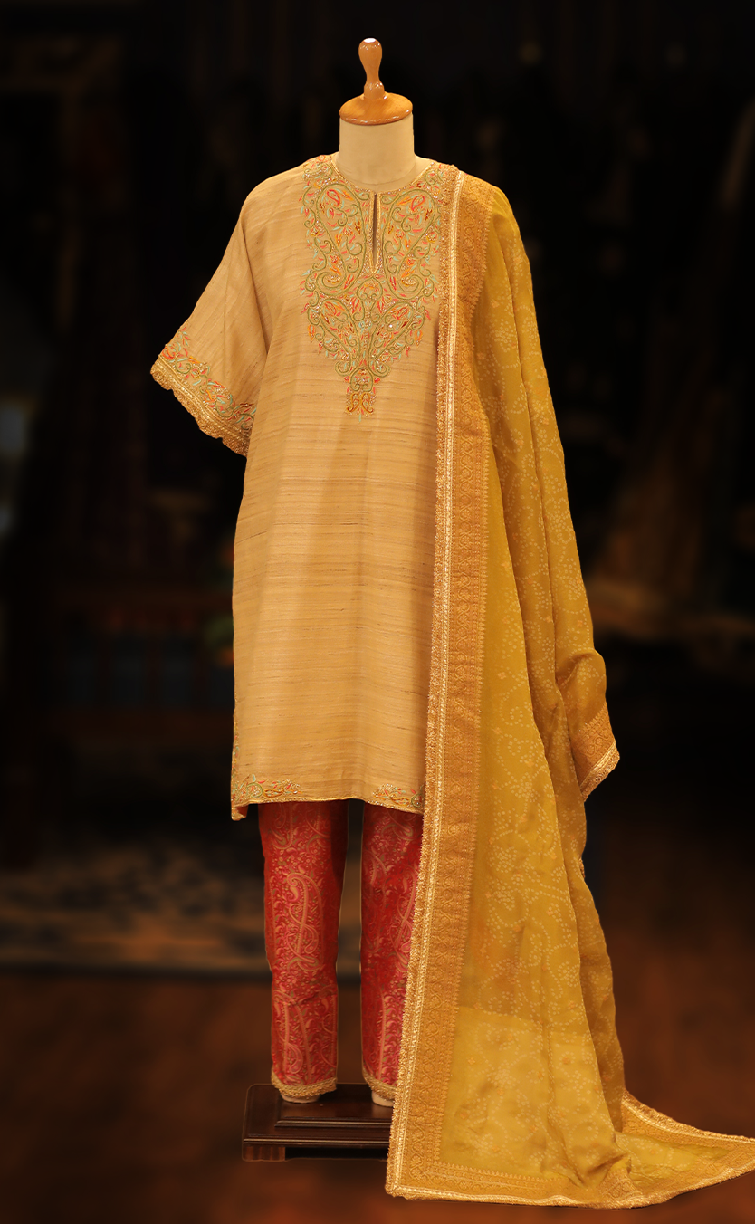 Hand Embroidered Kaftan Cut Kurta Set with Brocade Pakistani Salwar ...